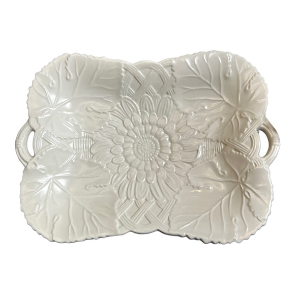 J Sutton | Dining | Vintage Cream White Ceramic Sun Flower Big Leaves Handled Serving Platter ...